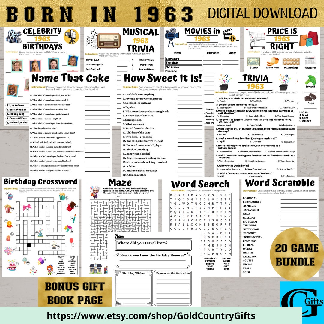 Printable Birthday Party Games, Born in 1963 Games, 20 Game Bundle ...