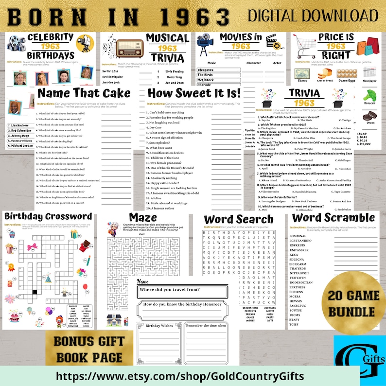 Printable Birthday Party Games, Born in 1963 Games, 20 Game Bundle ...