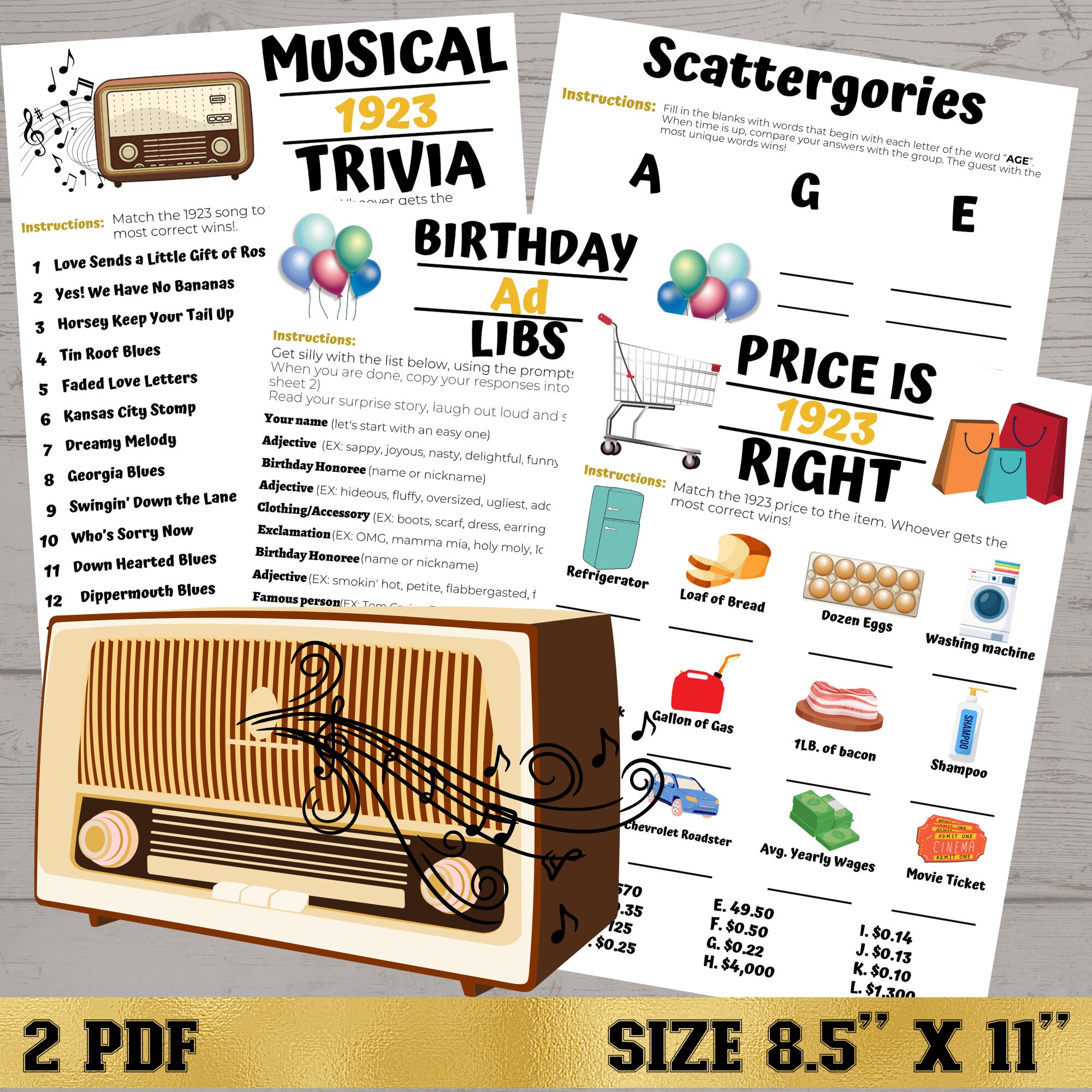 Printable Birthday Party Games, Born in 1923 Games, 20 Game Bundle ...