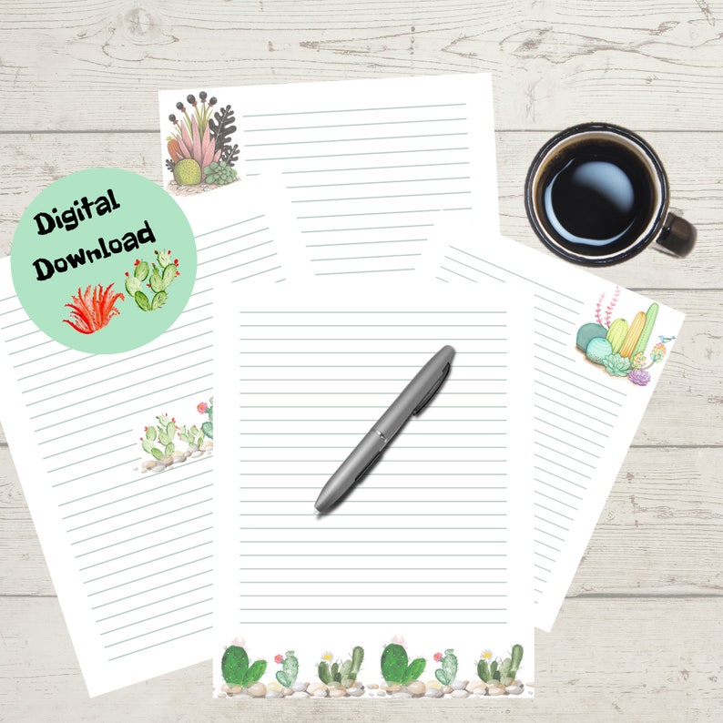 Watercolor Cactus Printable Stationery - Lined Writing Paper (digital ...