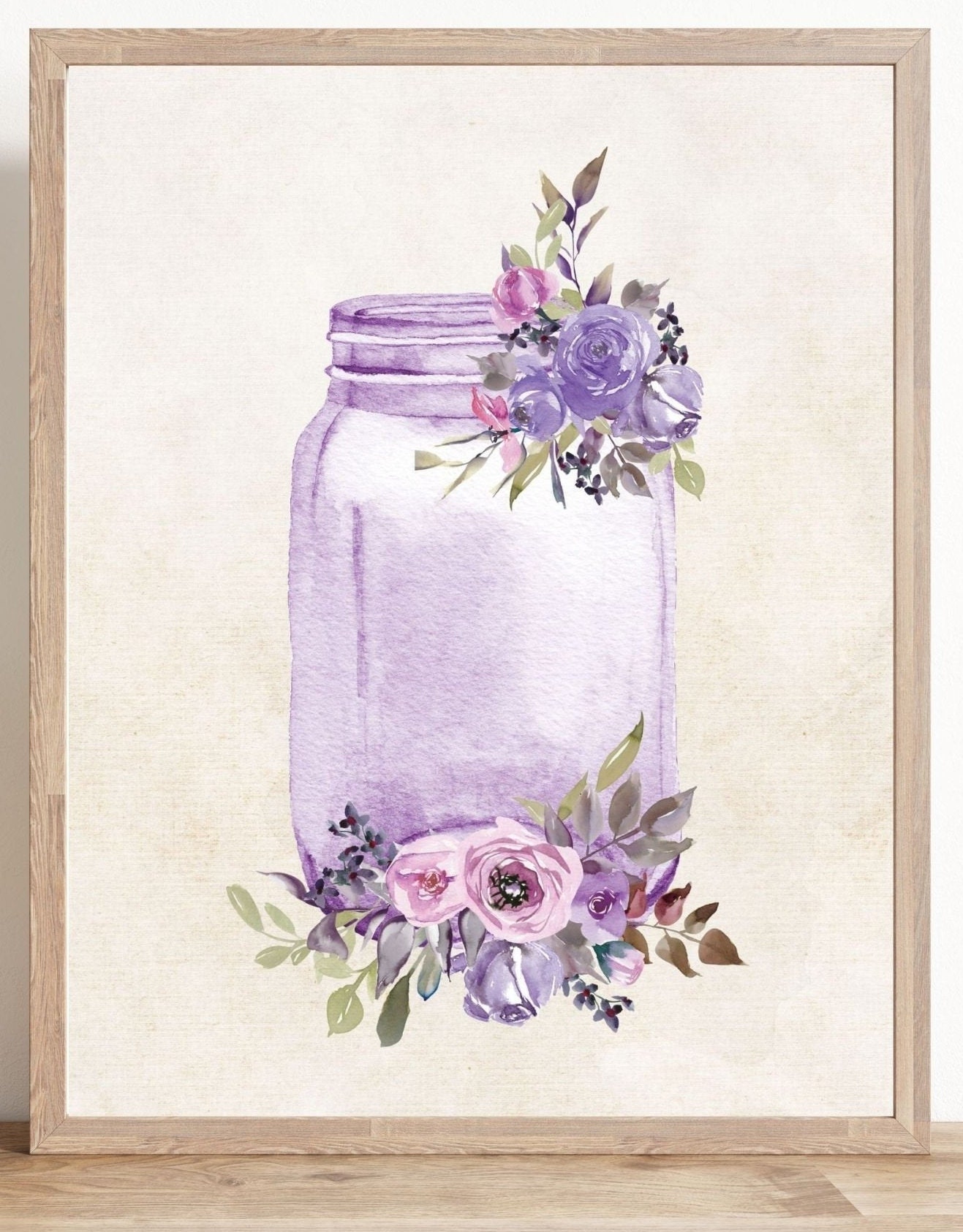 Watercolor Flower Bouquet in Mason Jar, Floral Wall Art, Rustic Wall ...
