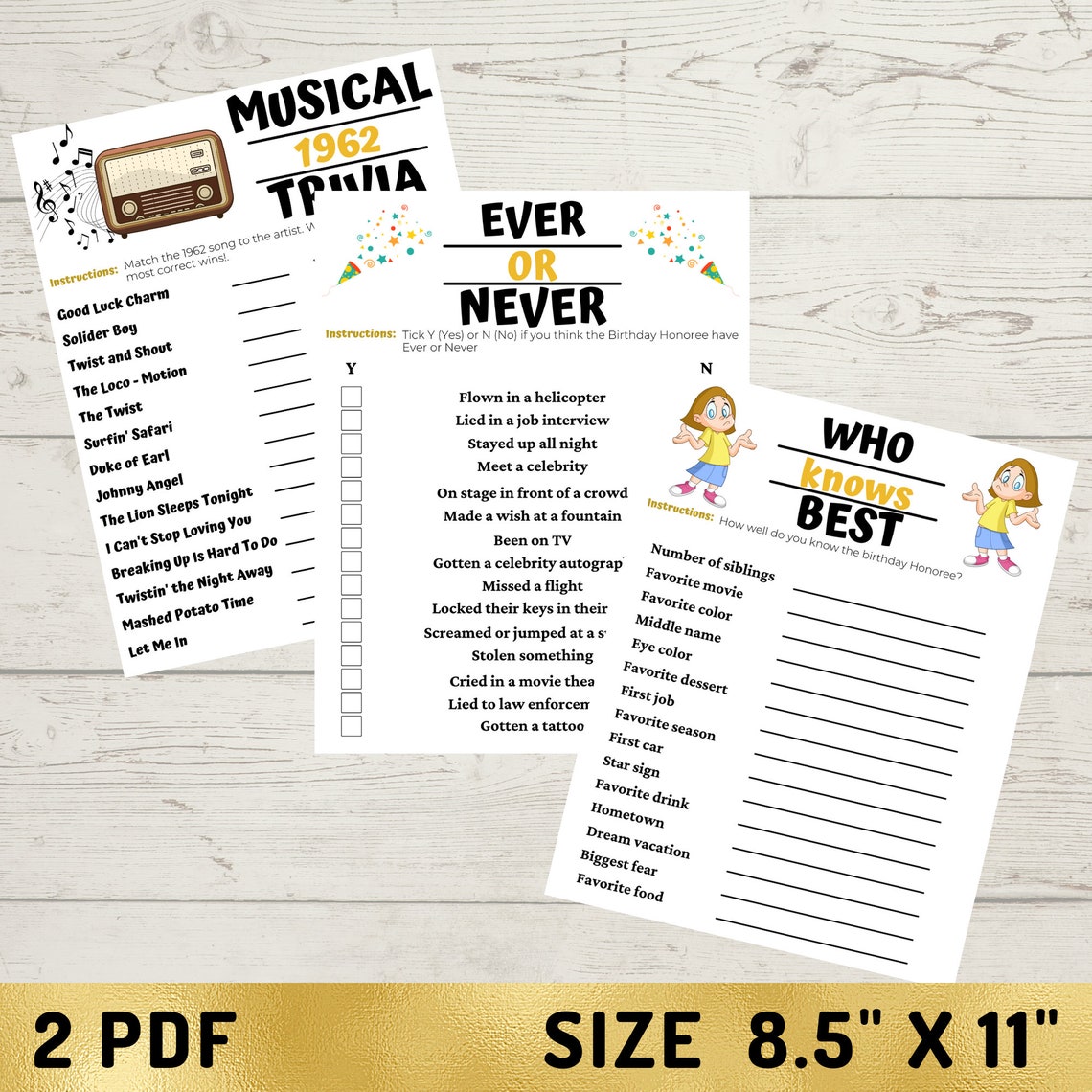 Printable Birthday Party Games, Born in 1962. Game, 12 Game Bundle ...