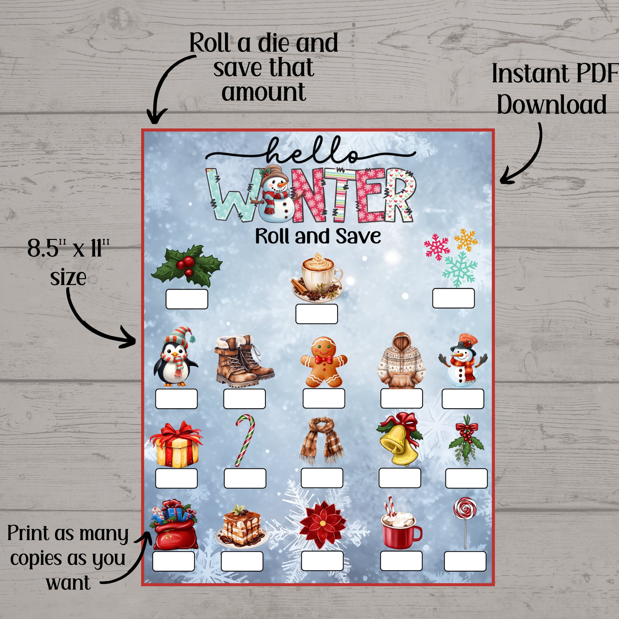 Printable Hello Winter Roll and Save Challenge, Money Savings Challenge ...
