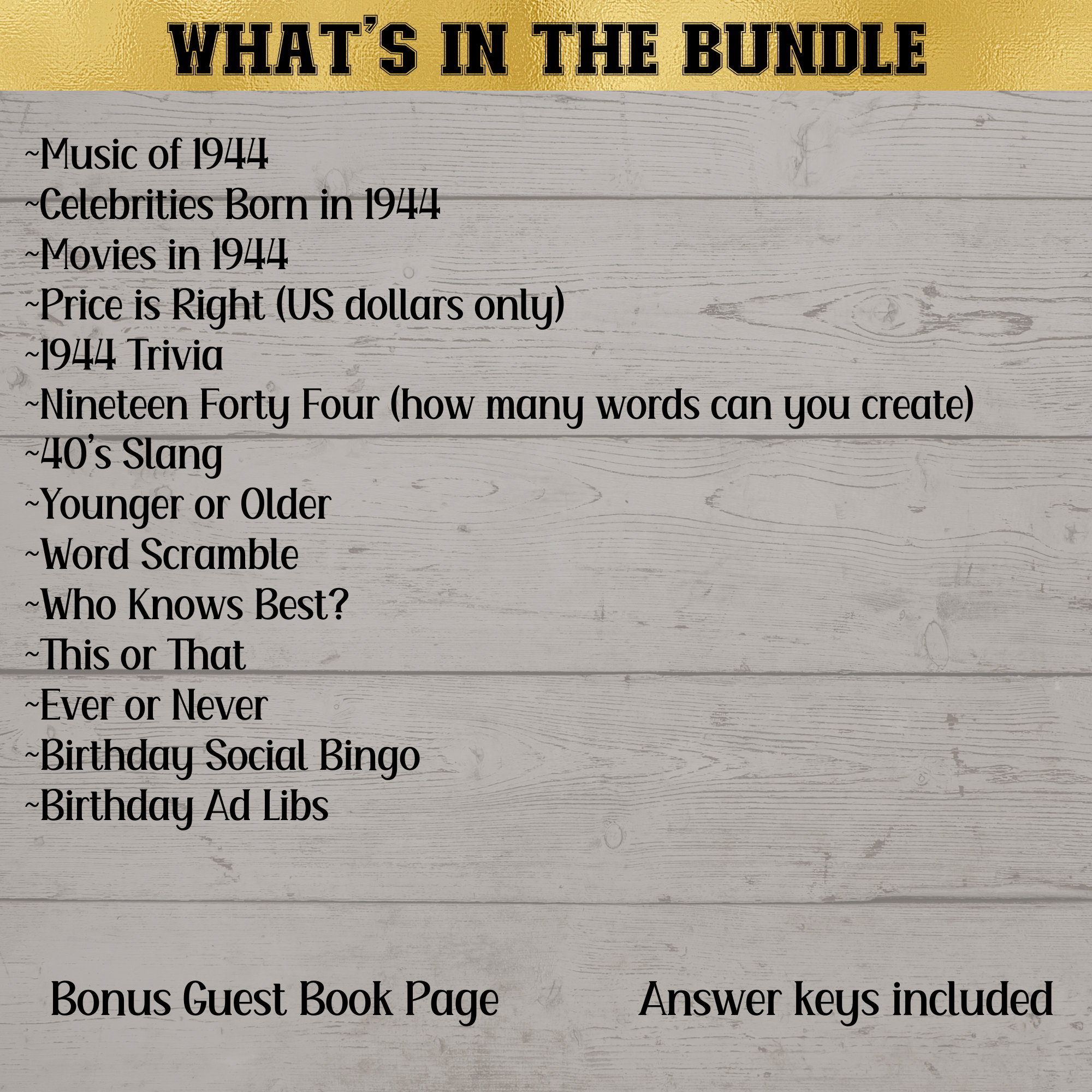 Printable Birthday Party Games, Born in 1944 Games, 14 Game Bundle ...