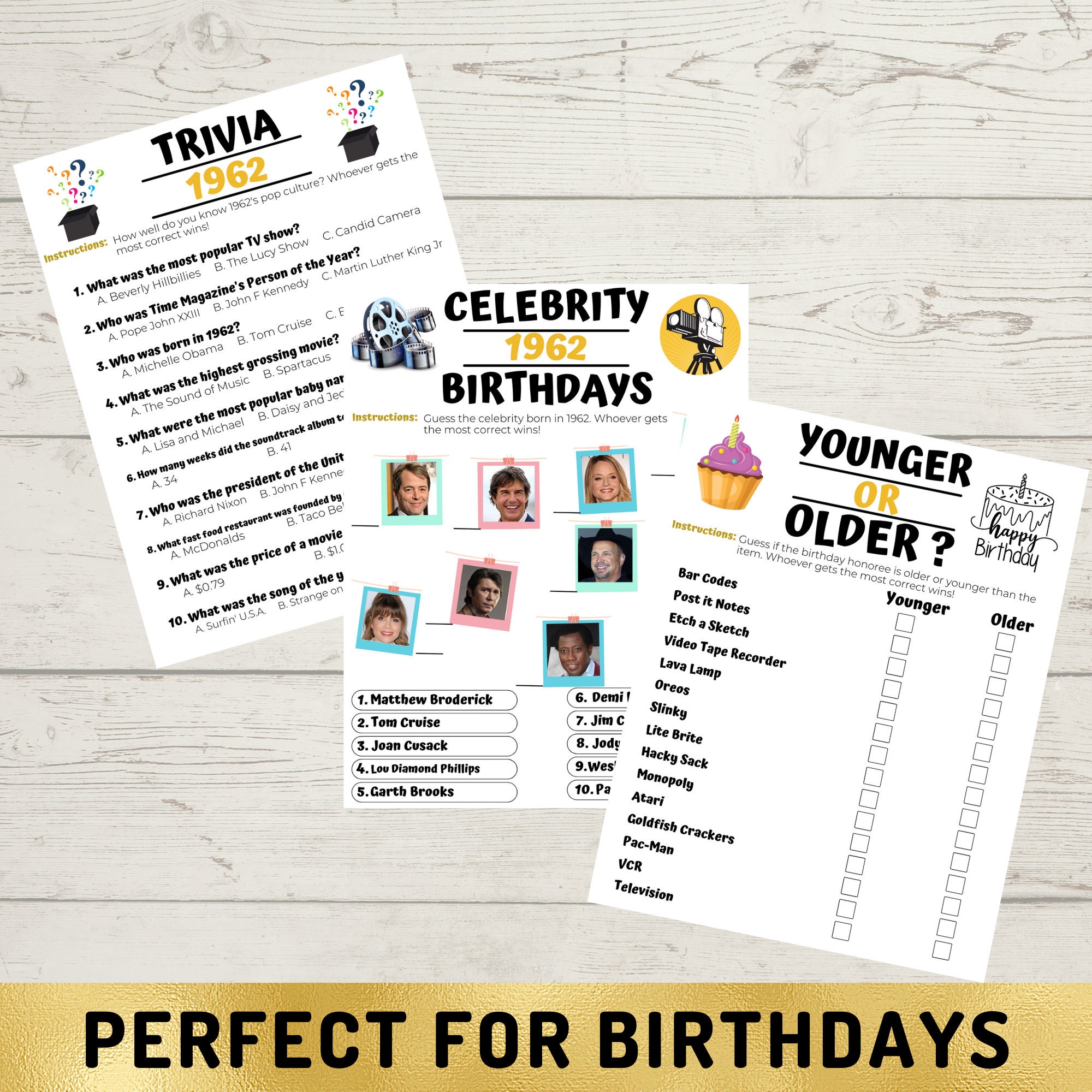 Printable Birthday Party Games, Born in 1962. Game, 12 Game Bundle ...