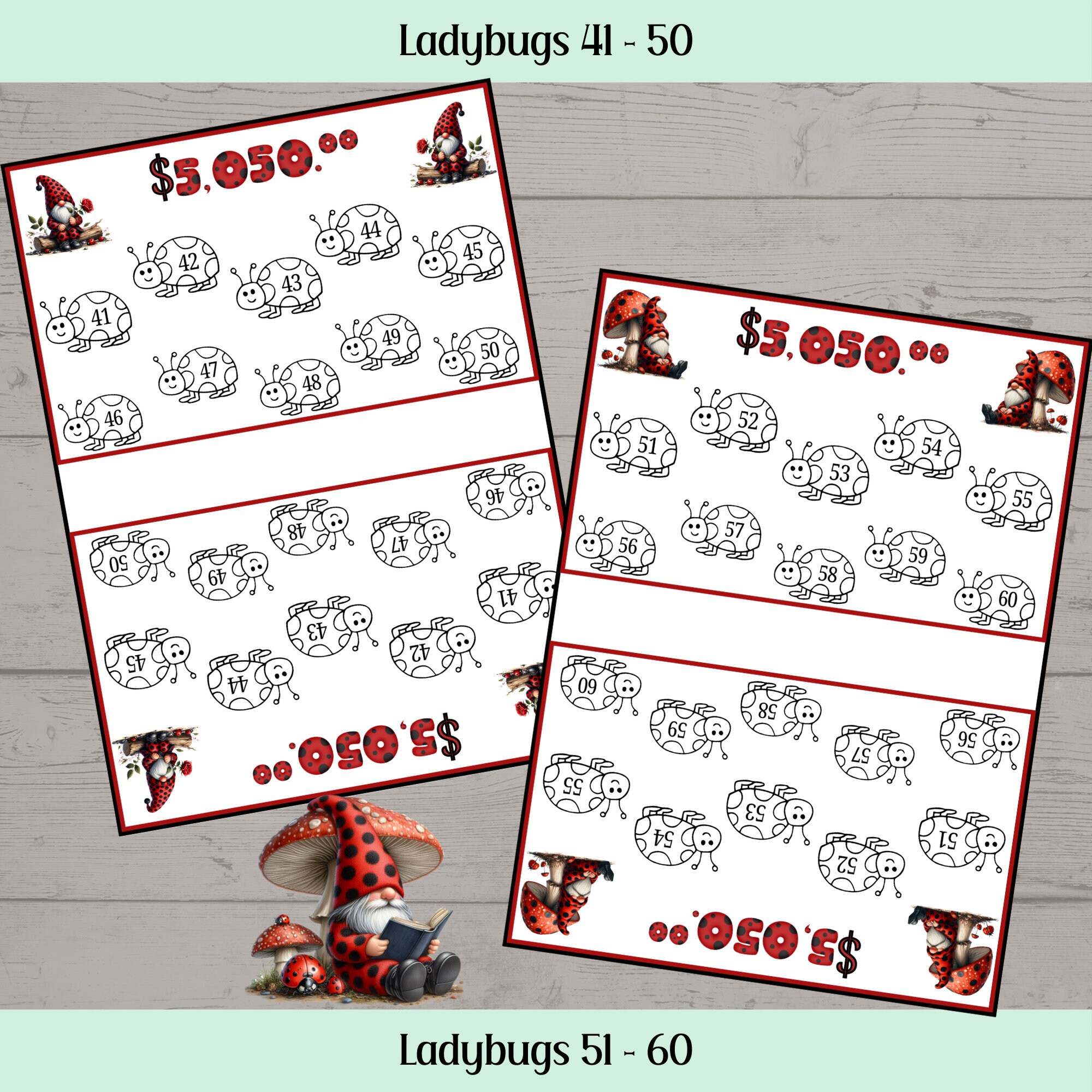 Printable Ladybug Gnomes 100 Envelope Savings Challenge, 5050 Savings ...