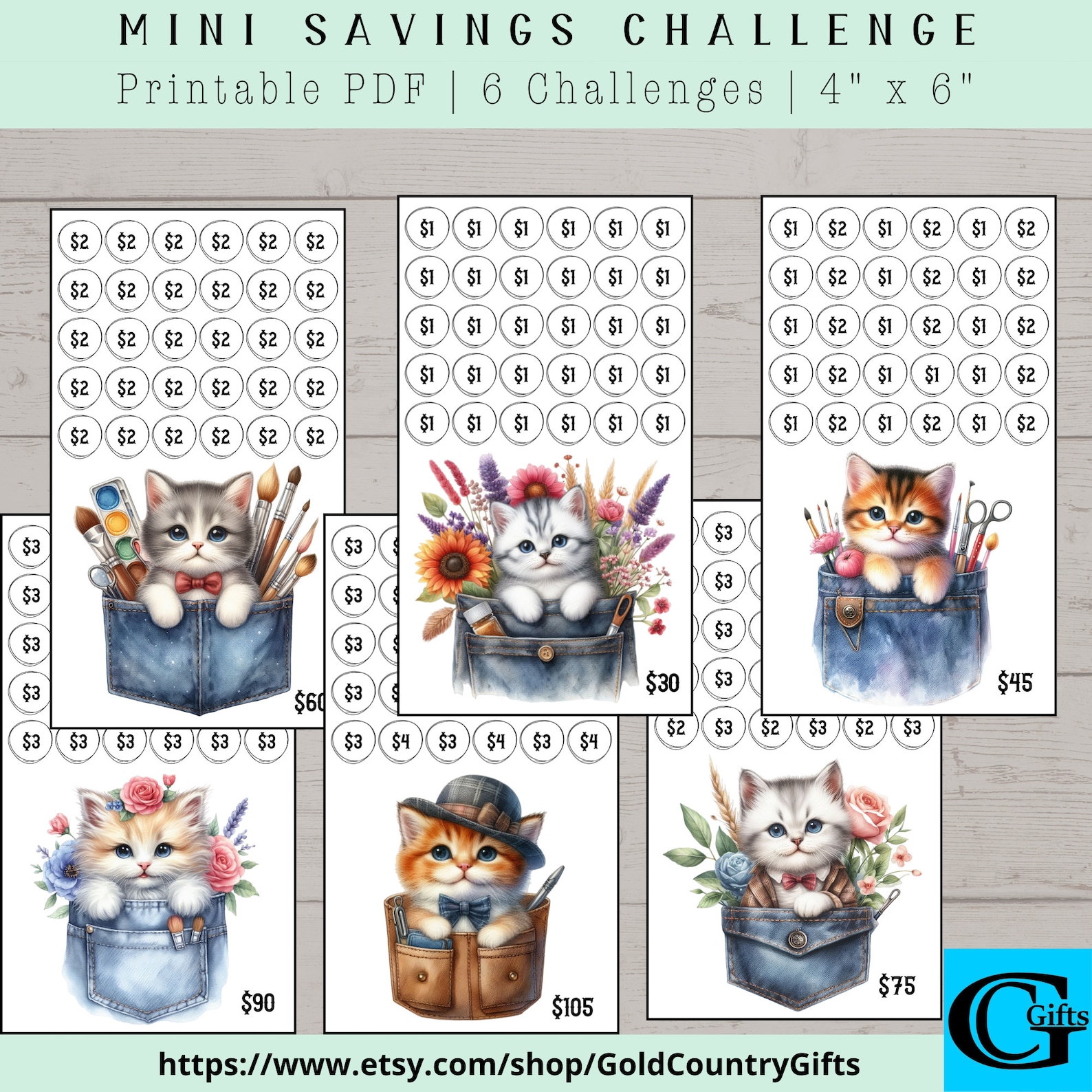 A6 Mini Savings Challenge Printable Bundle, Cute Kitten Designs ...