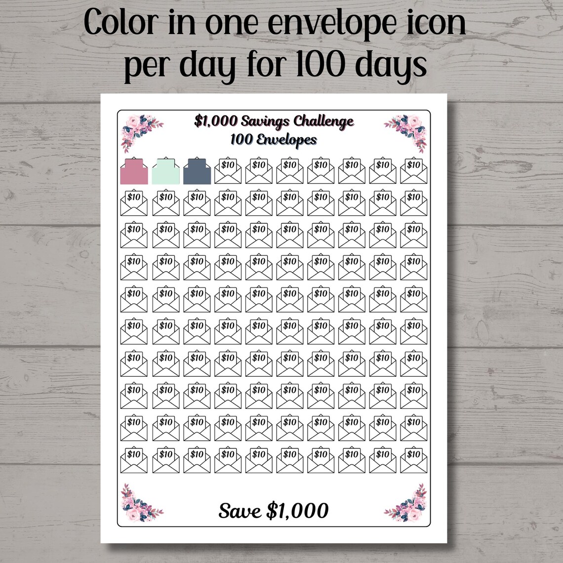 Floral 1K Dollar Savings Challenge Printable, 100 Envelope Savings ...