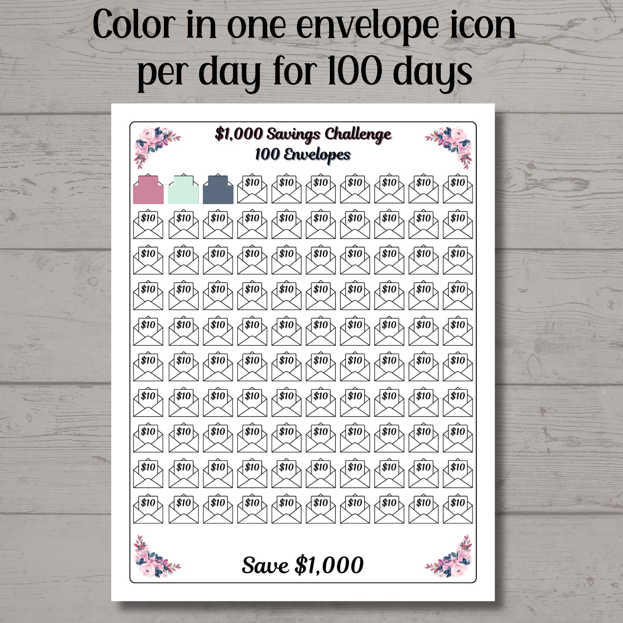 Floral 1K Dollar Savings Challenge Printable, 100 Envelope Savings ...