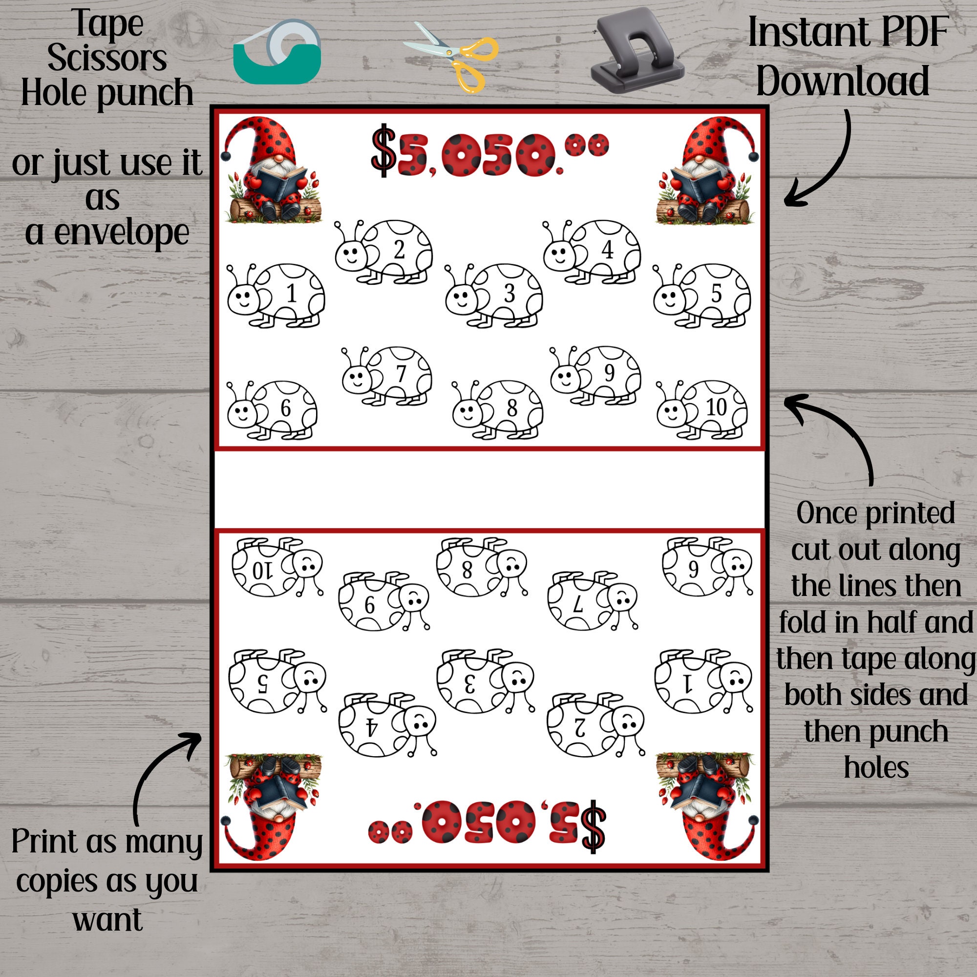 Printable Ladybug Gnomes 100 Envelope Savings Challenge, 5050 Savings ...