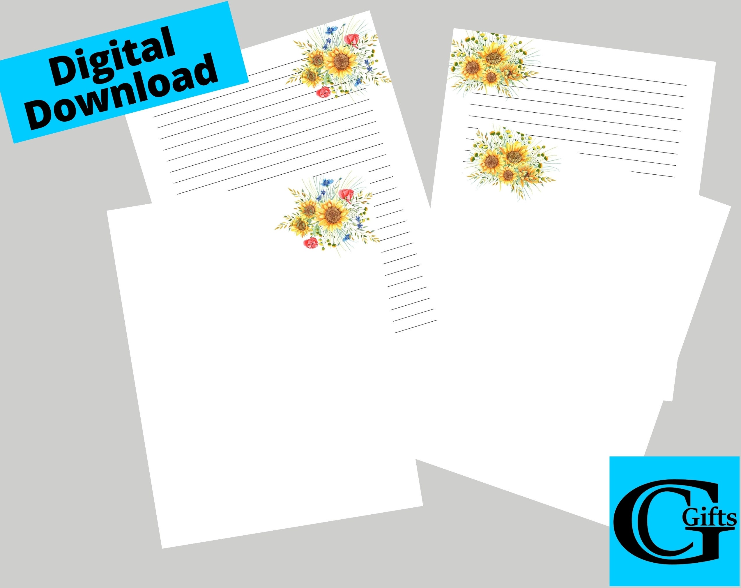 Sunflower Writing Sheet, Printable Letter Paper, Digital Journal Paper ...