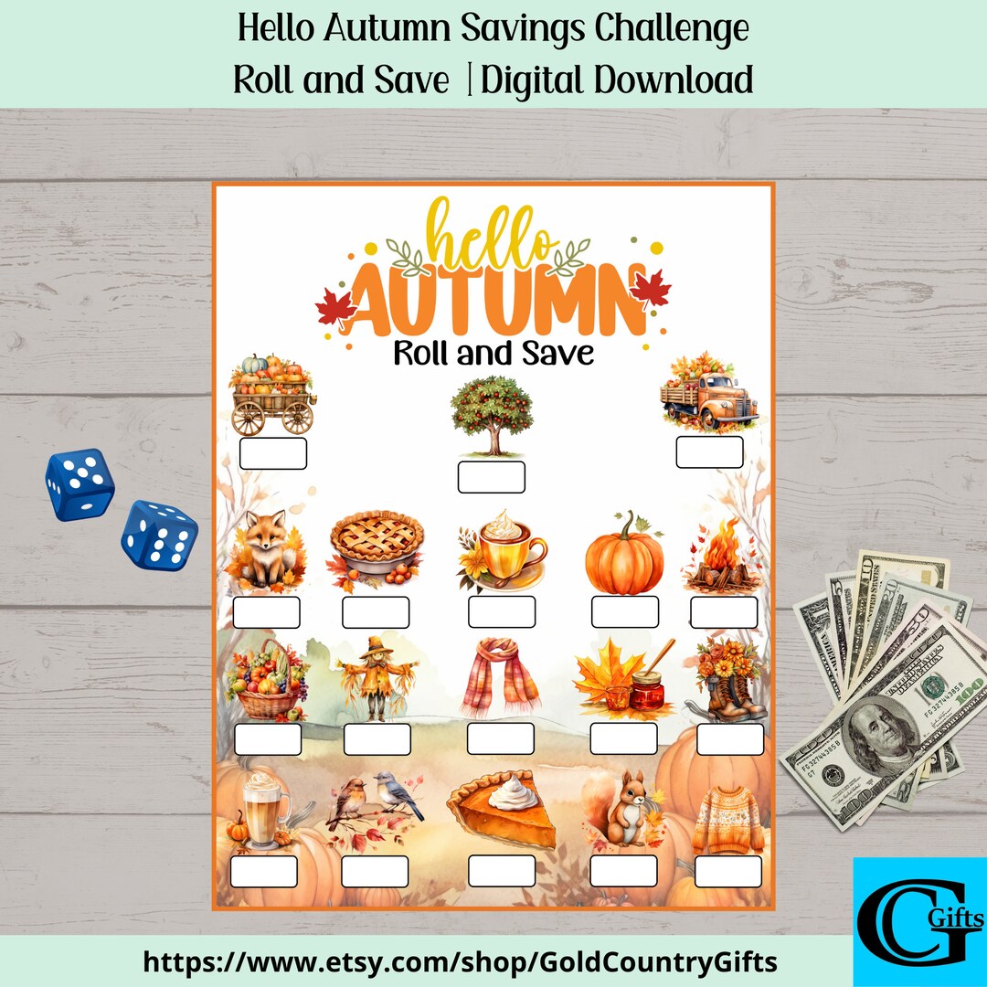 Printable Hello Autumn Roll and Save Challenge, Money Savings Challenge ...