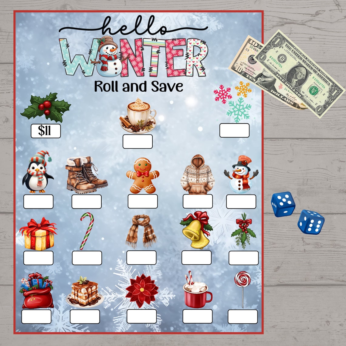 Printable Hello Winter Roll and Save Challenge, Money Savings Challenge ...
