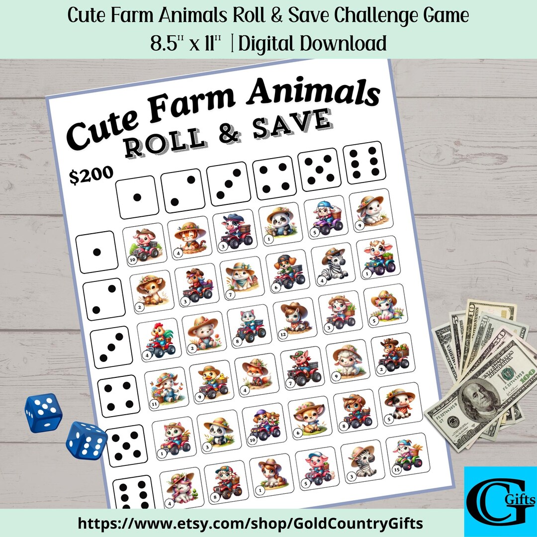 Printable Cute Farm Animals Roll the Dice Savings Challenge Game, Money ...