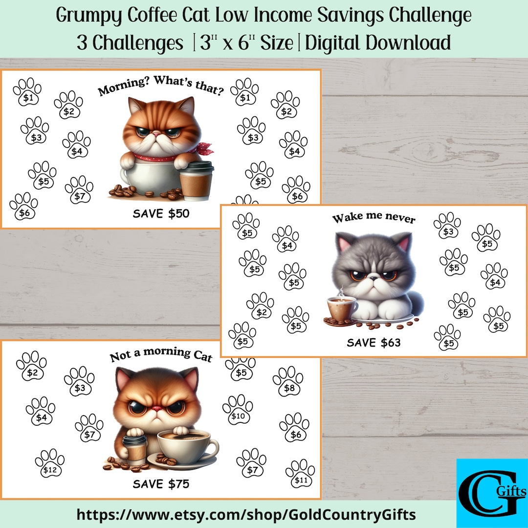 Mini Low Income Savings Challenge Printable, Grumpy Coffee Cat Savings Challenge, Cash Budget ...