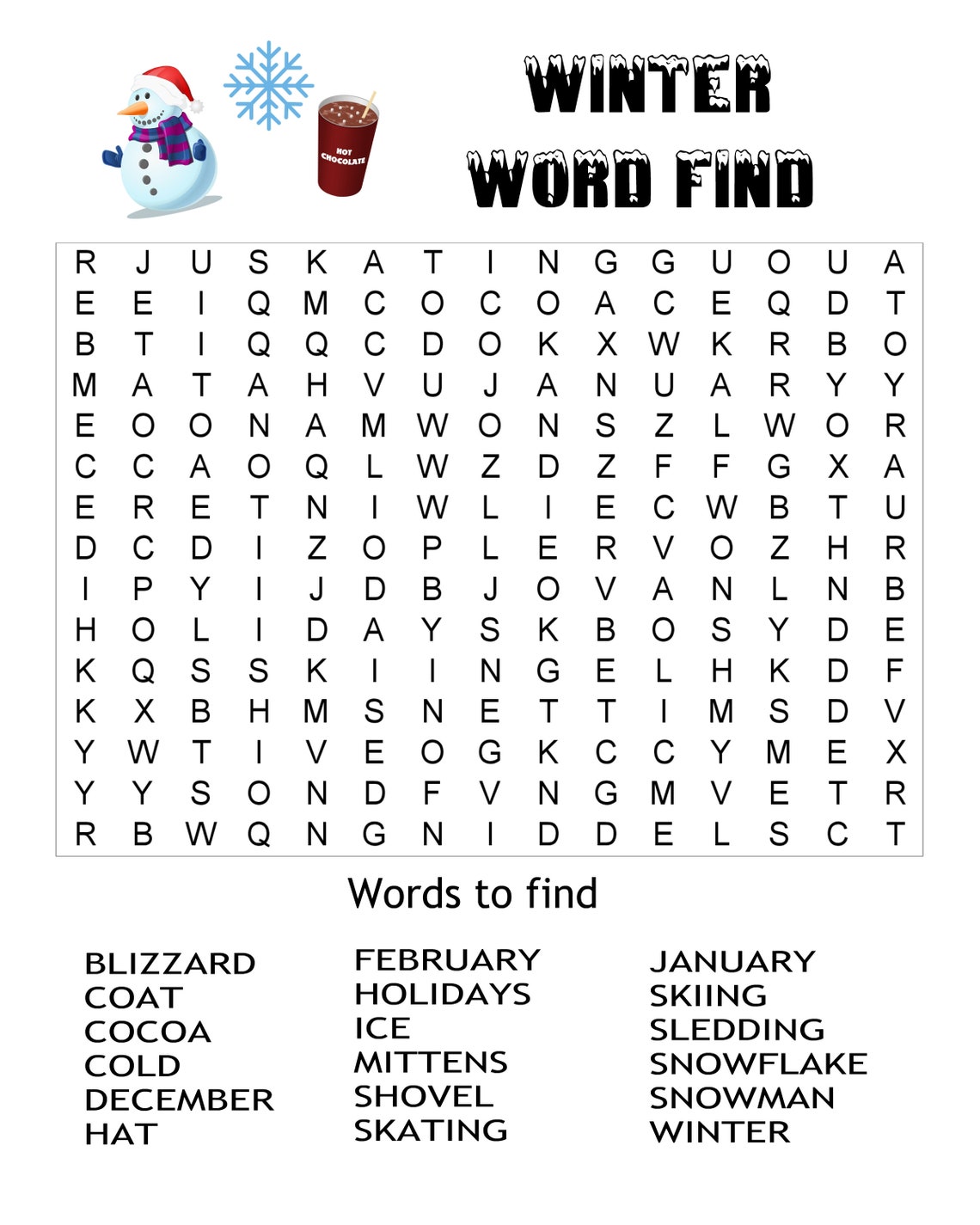 Printable Winter Kid Activity Sheets Word Search Maze I - Etsy