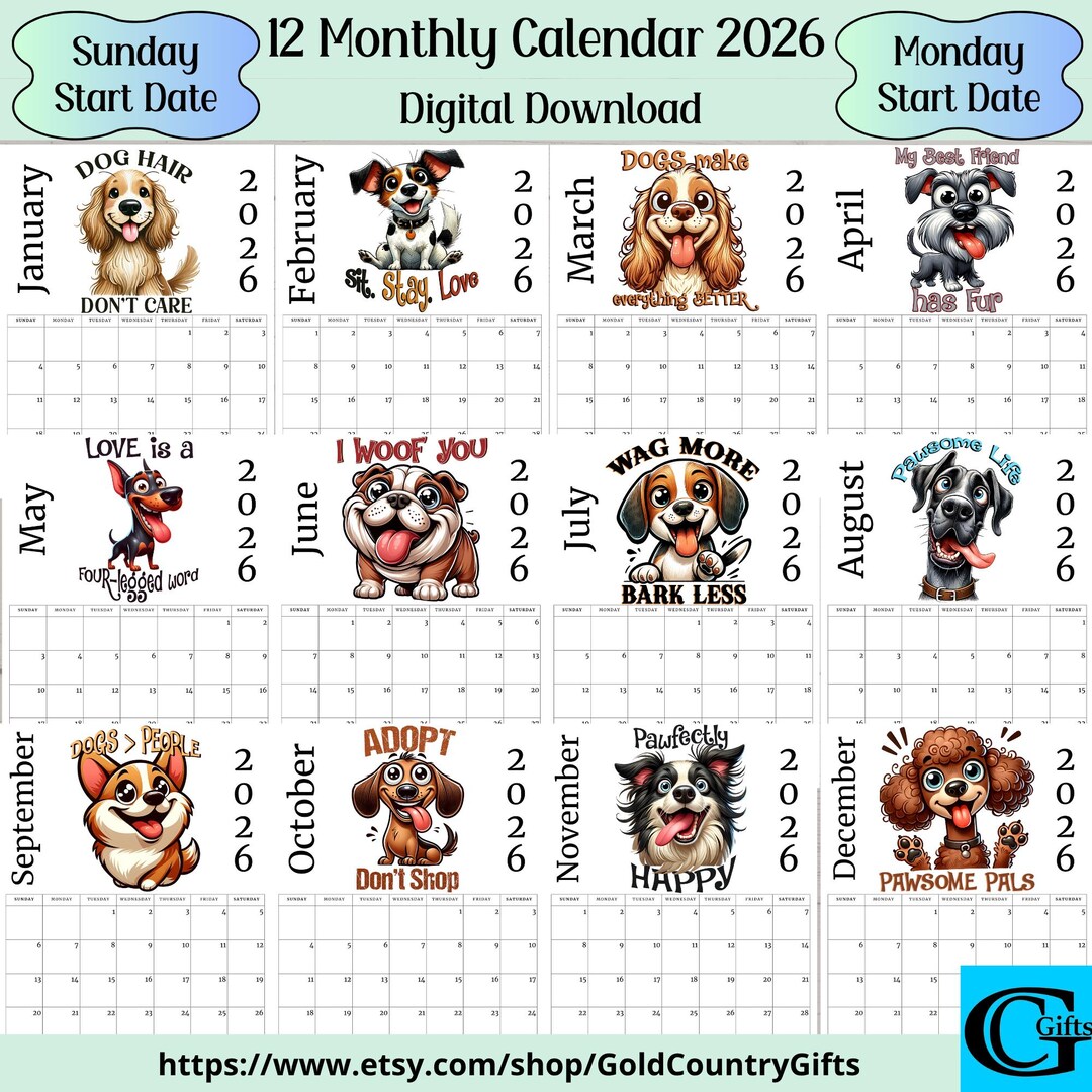 Printable 2026 Cartoon Dog Monthly Calendar, Desk and Wall Calendar ...