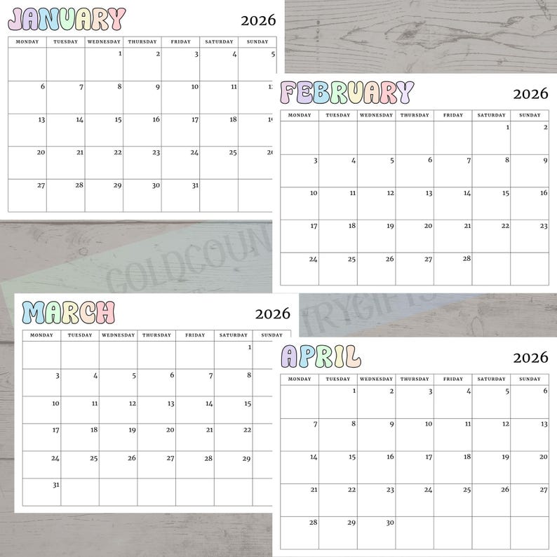 Printable 2026 Pastel Monthly Calendar, Desk and Wall Calendar ...