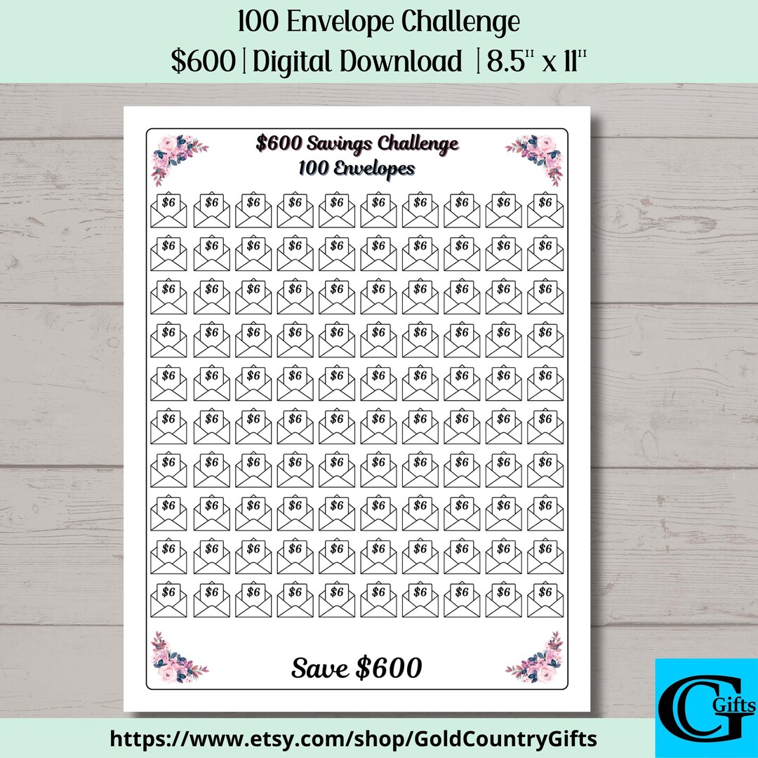 Floral 600 Dollar Savings Challenge Printable, 100 Envelope Savings ...
