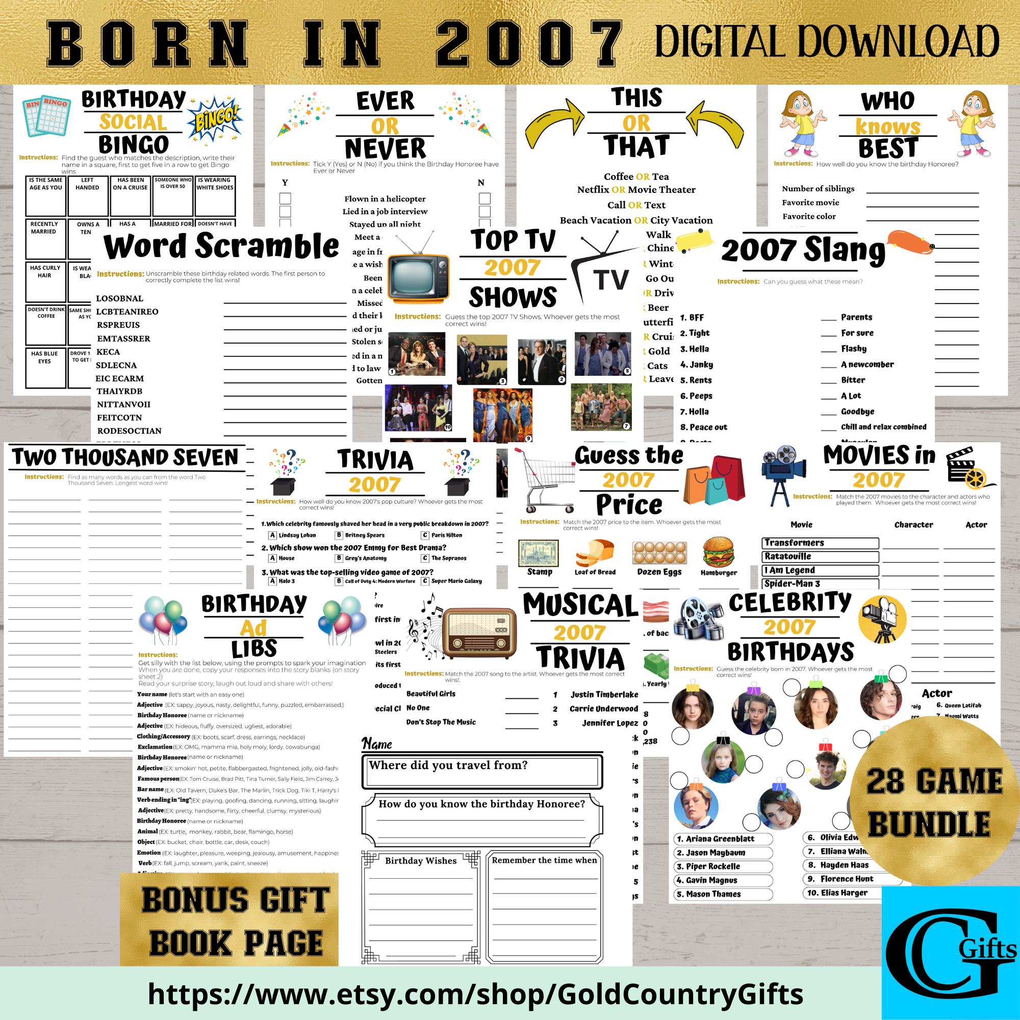Printable Birthday Party Games, Born in 2007 Games, 28 Game Bundle ...