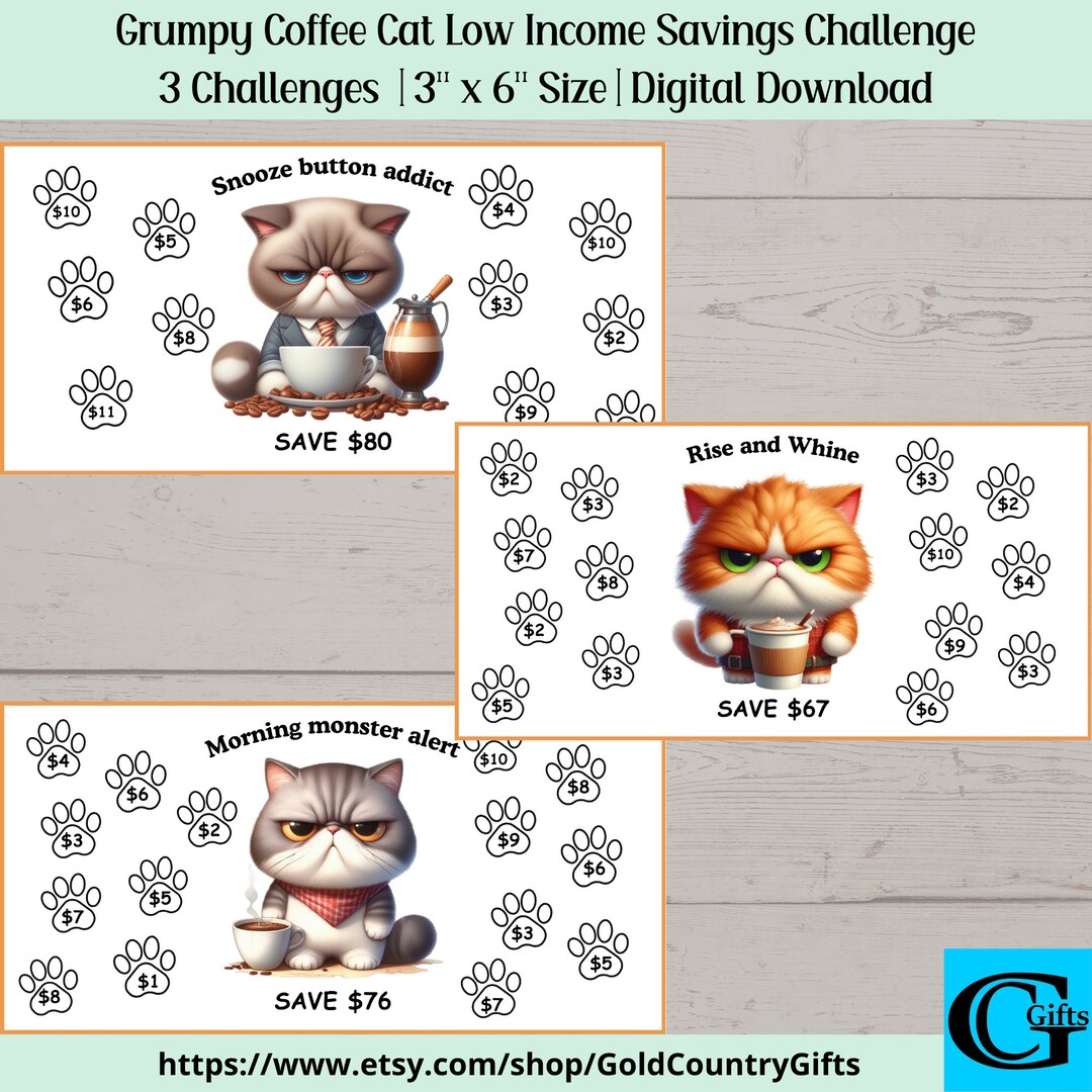 Mini Low Income Savings Challenge Printable, Grumpy Coffee Cat Savings Challenge, Cash Budget ...