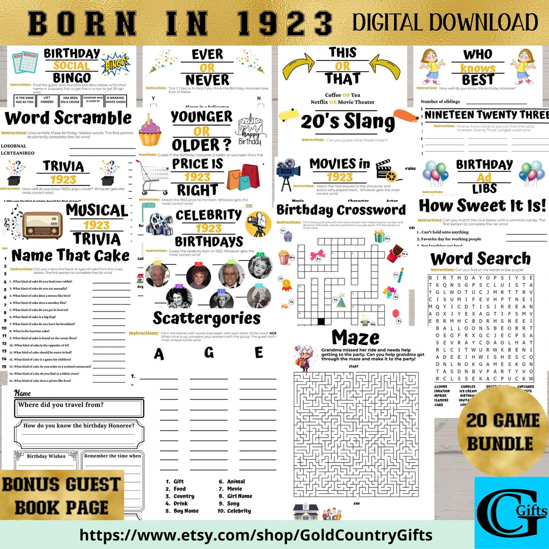 Printable Birthday Party Games, Born in 1923 Games, 20 Game Bundle ...