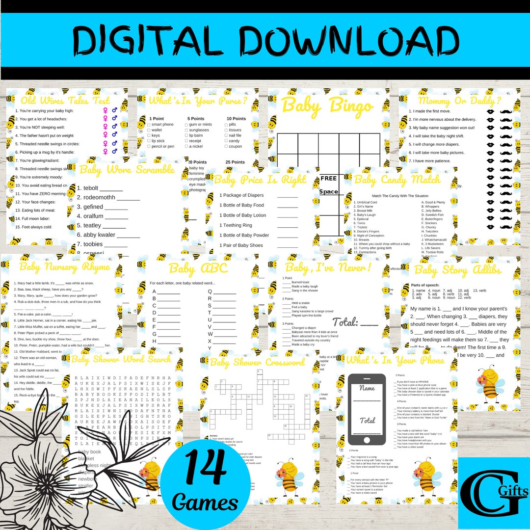14 Baby Shower Printable Games, Baby Shower Game Bundle, Bumble Bee ...