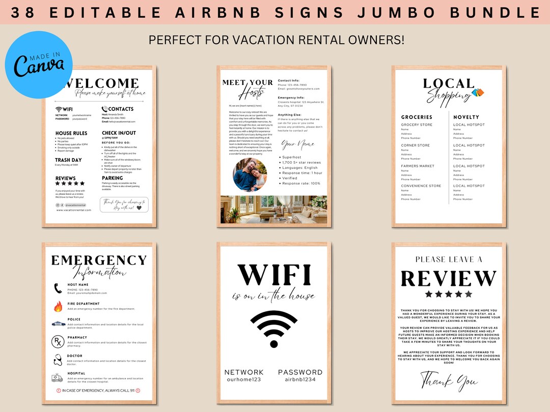 38 Airbnb Sign Bundle Template, Editable Airbnb, Signs Rental Home, Wifi Sign, Airbnb Welcome ...