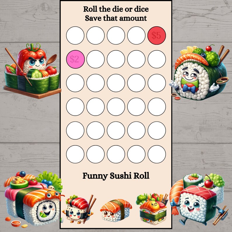 Printable Sushi Roll the Die or Dice Savings Challenge Tracker and DIY ...