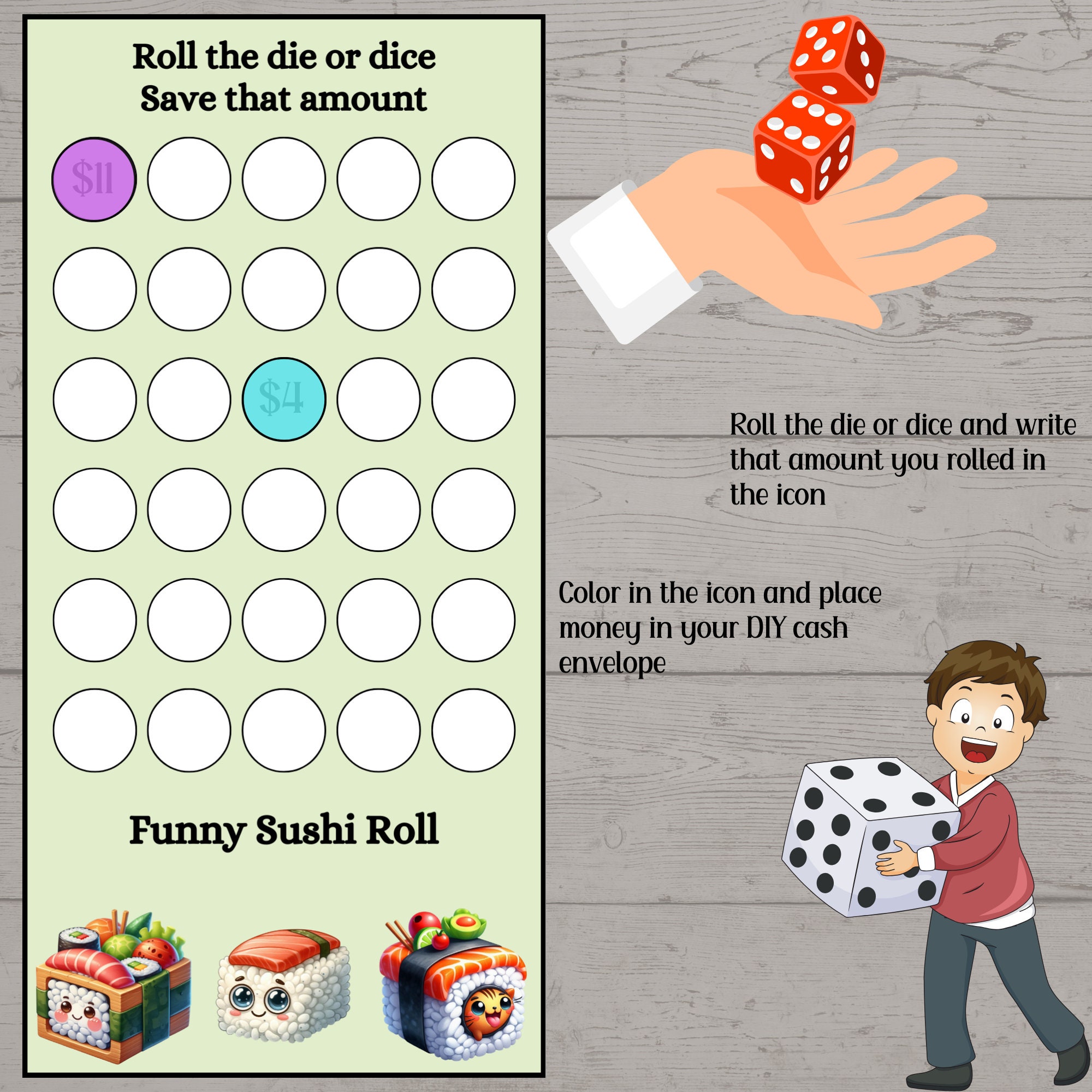 Printable Sushi Roll the Die or Dice Savings Challenge Tracker and DIY ...