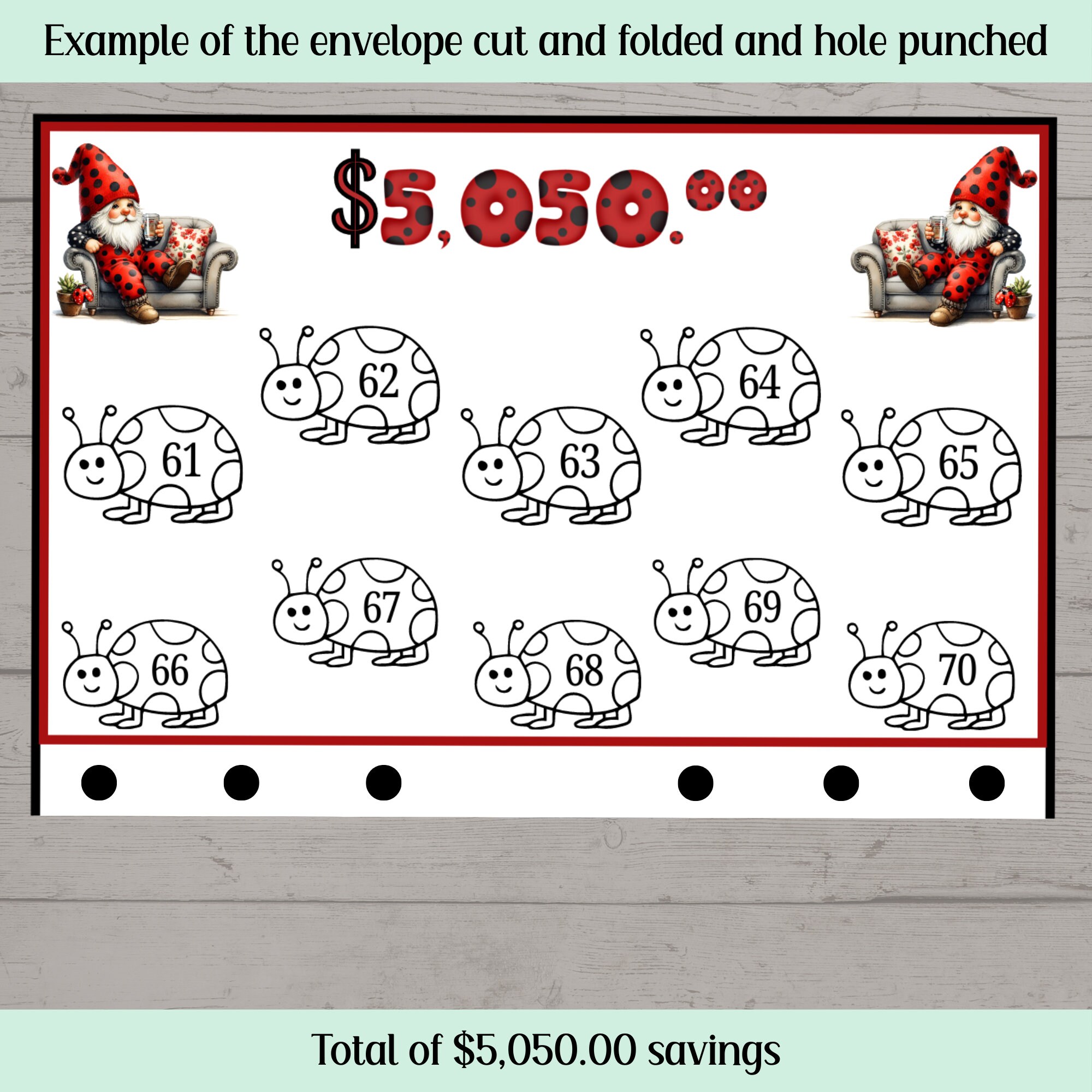 Printable Ladybug Gnomes 100 Envelope Savings Challenge, 5050 Savings ...