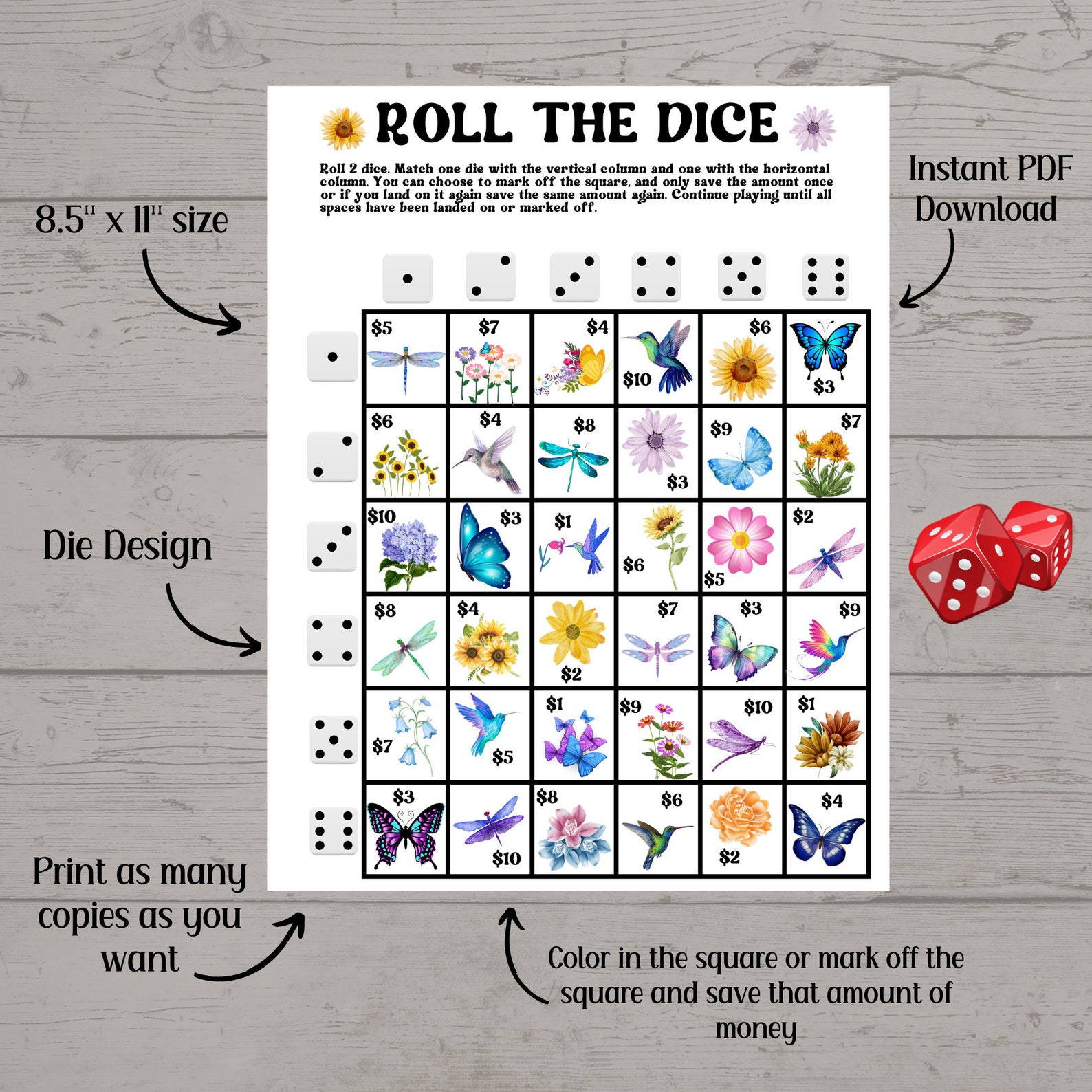 Printable Roll the Dice Savings Challenge Game, Money Savings Challenge ...