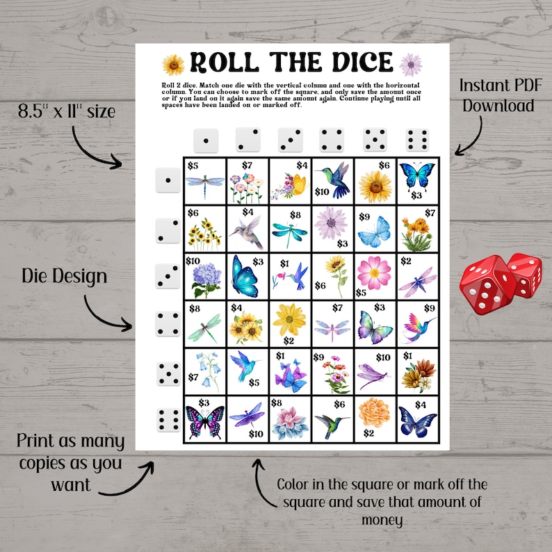 Printable Roll the Dice Savings Challenge Game, Money Savings Challenge ...