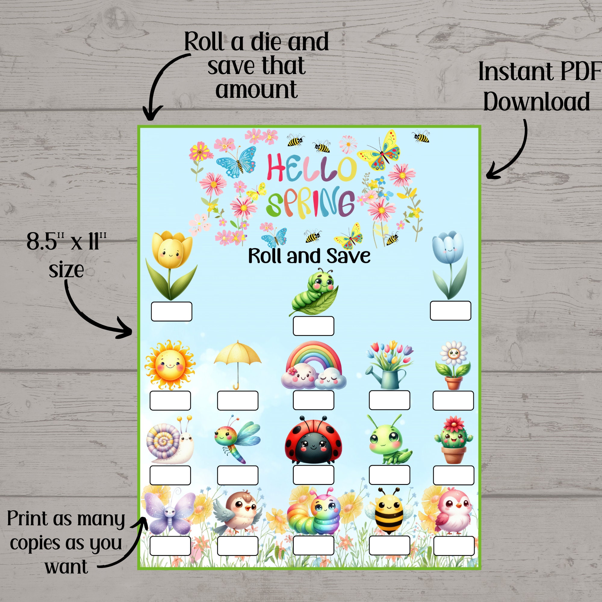 Printable Hello Spring Roll and Save Challenge, Money Savings Challenge ...