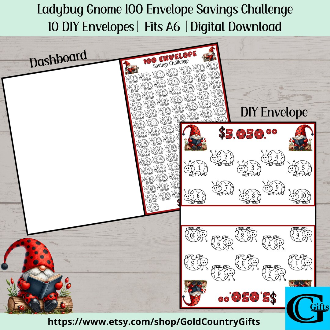 Printable Ladybug Gnomes 100 Envelope Savings Challenge, 5050 Savings ...