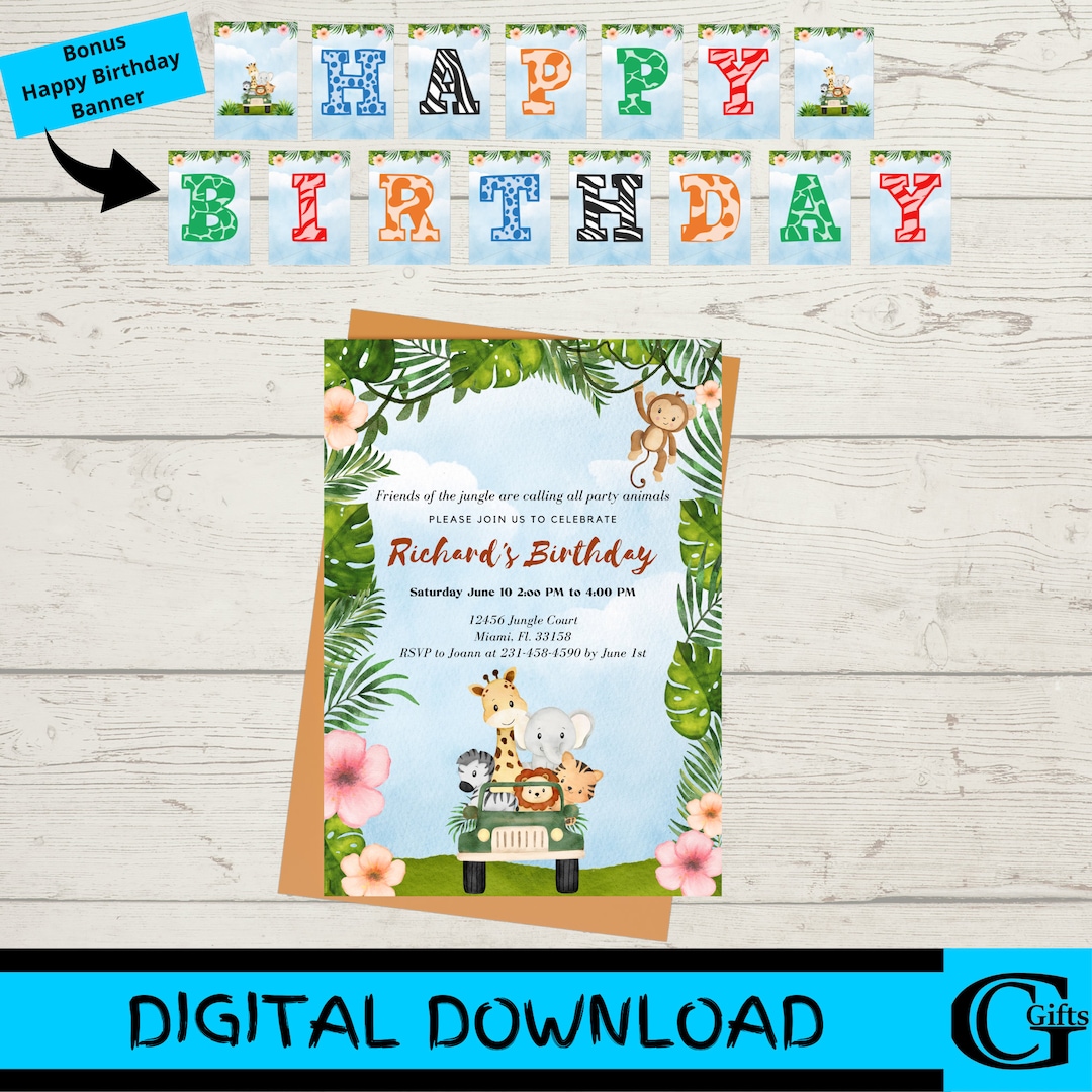 Safari Birthday Party Invitation, Safari Animals Birthday Party ...