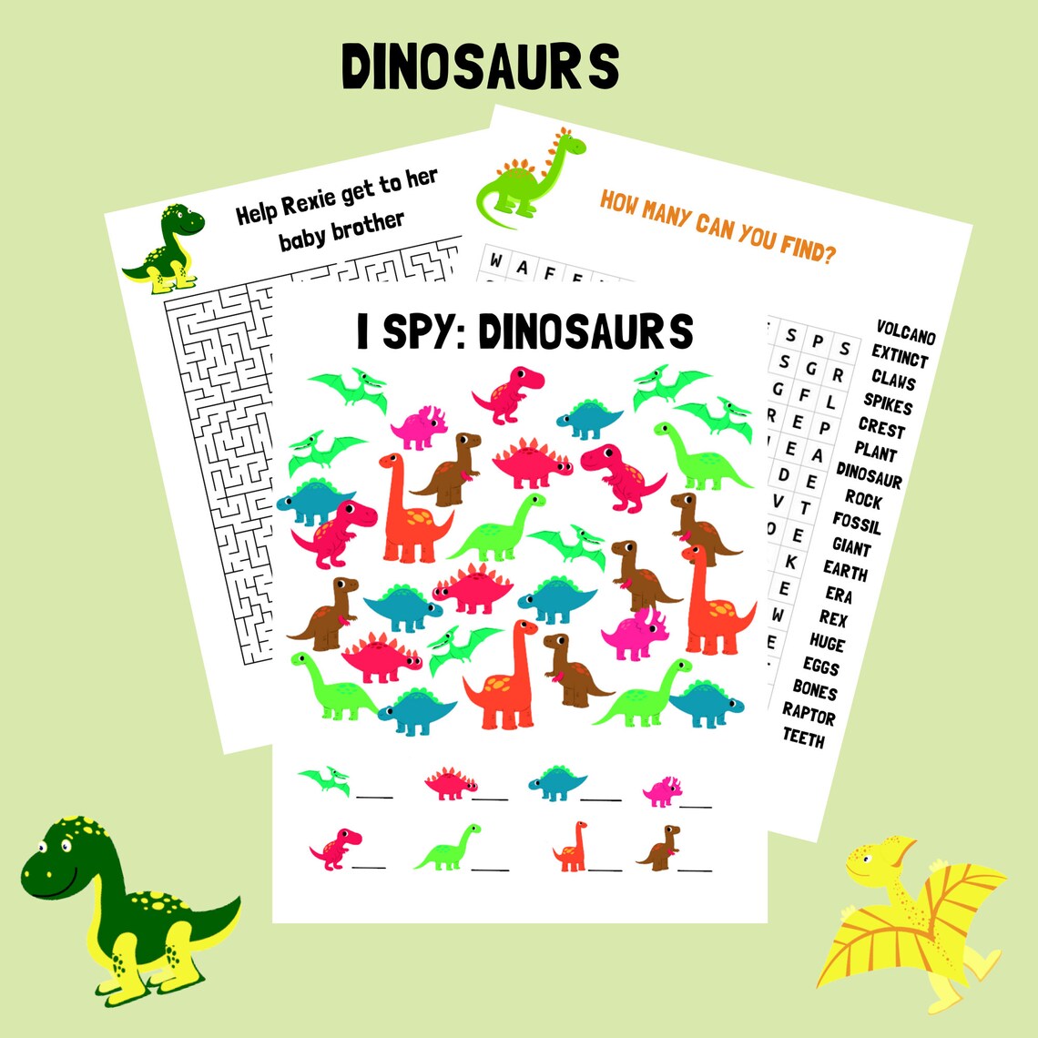 Printable Dinosaur Activity Sheets Word Search Maze I Spy Birthday ...