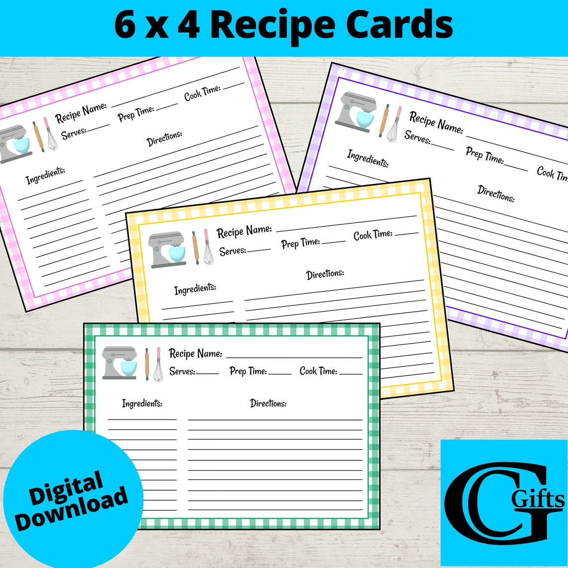 Printable 6x4 Recipe Cards, Kitchen Recipe Cards, Recipe Cards, Digital ...