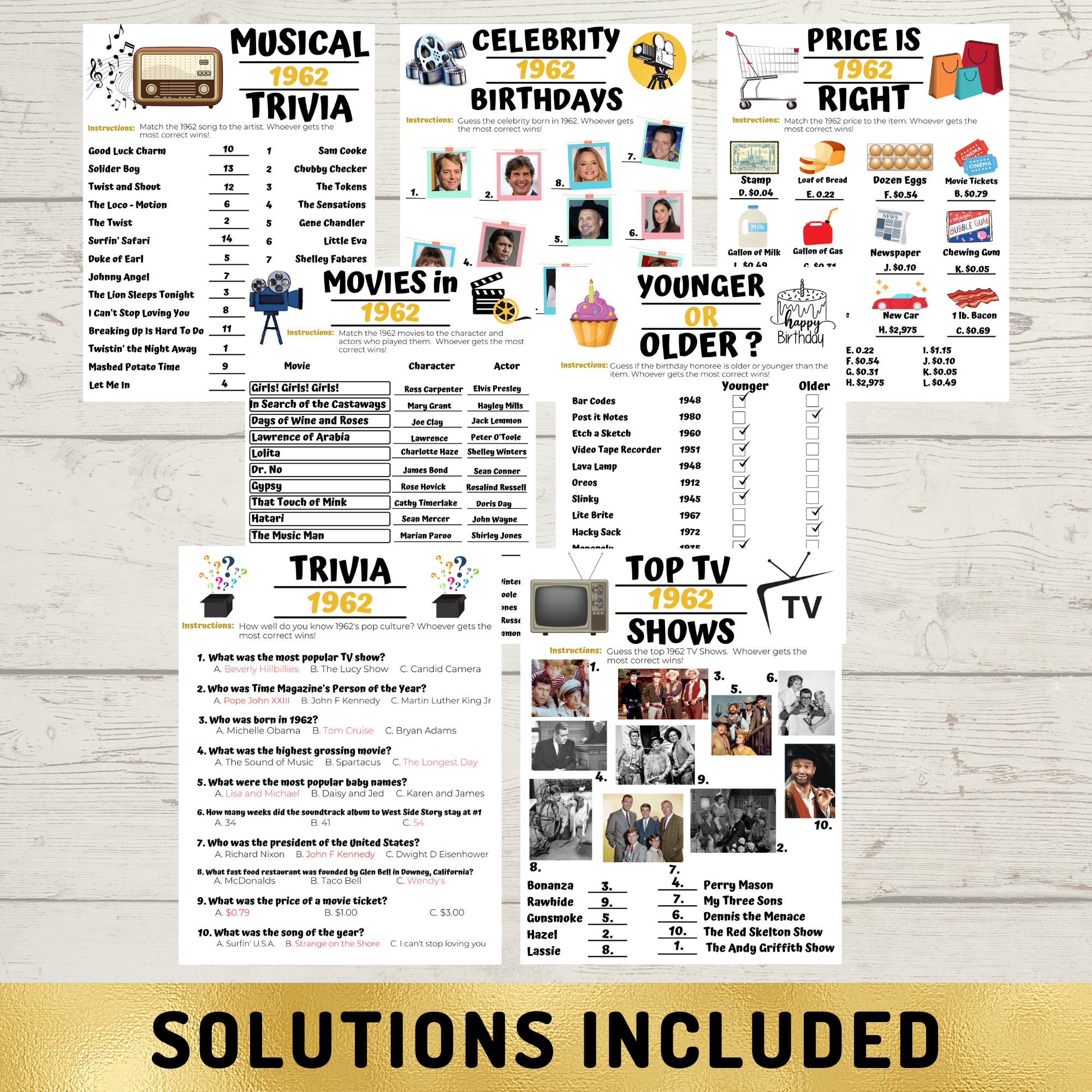 Printable Birthday Party Games, Born in 1962. Game, 12 Game Bundle ...