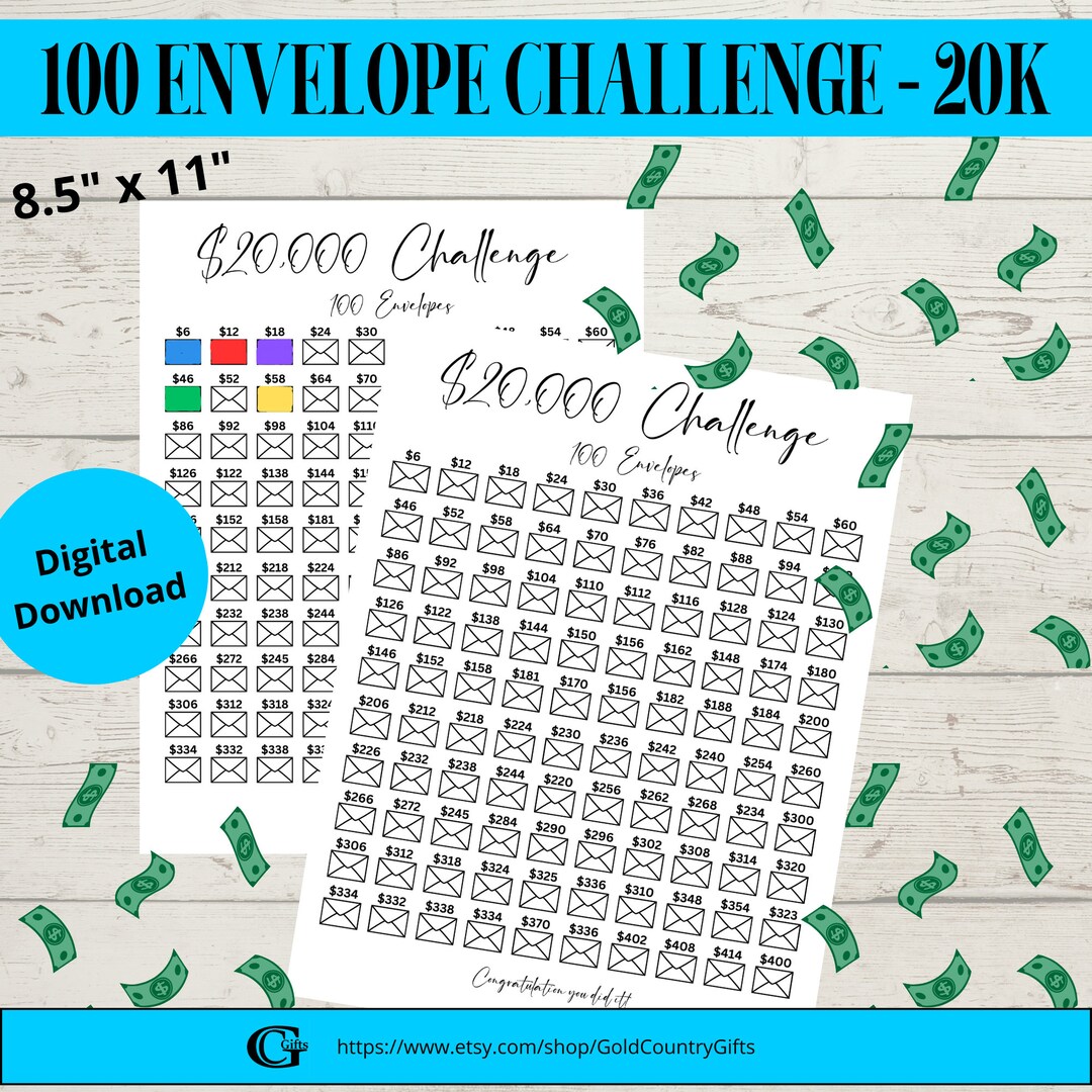 20K 100 Envelope Challenge, 20,000 Savings Tracker, 20K Savings ...
