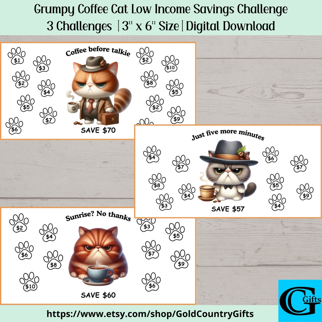 Mini Low Income Savings Challenge Printable, Grumpy Coffee Cat Savings Challenge, Cash Budget ...