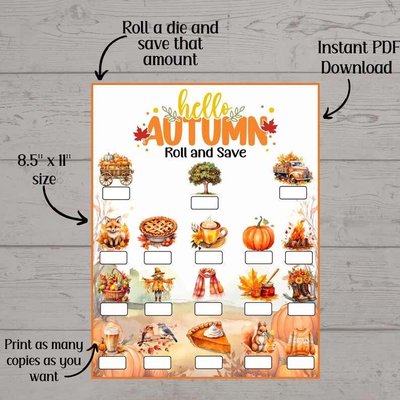 Printable Hello Autumn Roll and Save Challenge, Money Savings Challenge ...