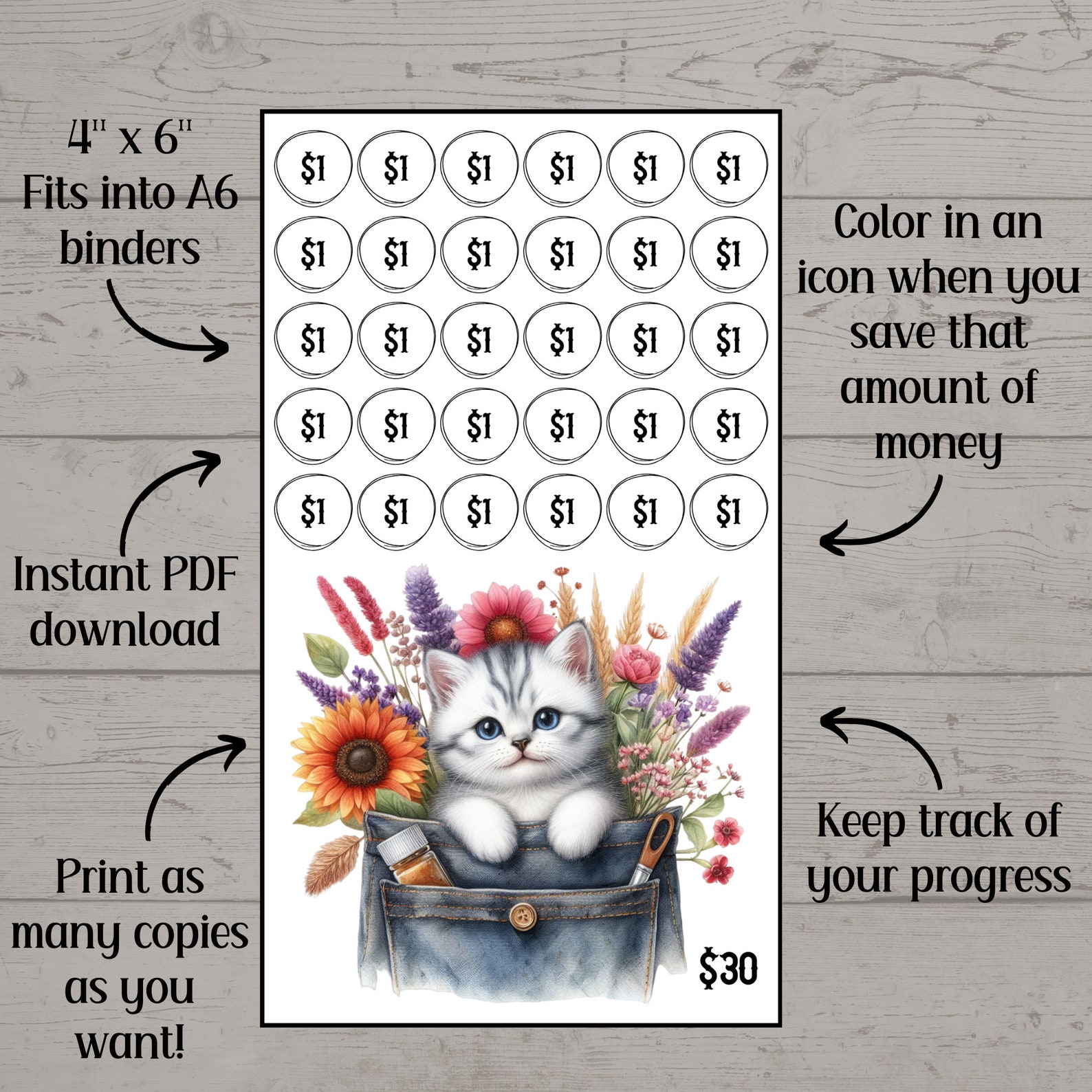 A6 Mini Savings Challenge Printable Bundle, Cute Kitten Designs ...