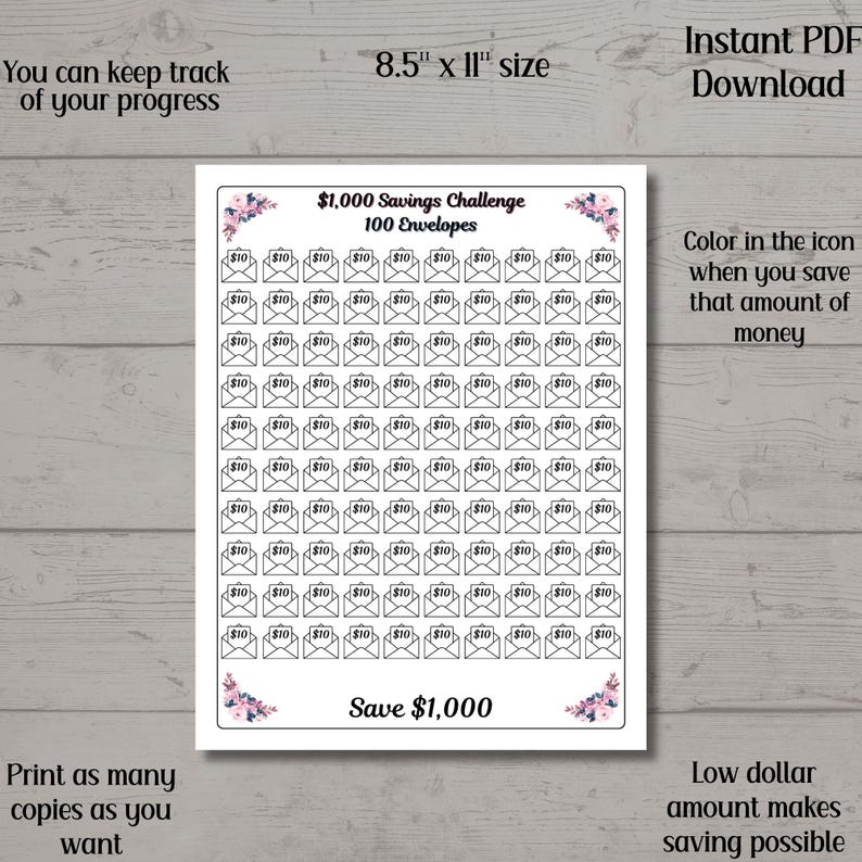 Floral 1K Dollar Savings Challenge Printable, 100 Envelope Savings ...
