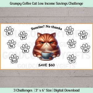 Mini Low Income Savings Challenge Printable, Grumpy Coffee Cat Savings Challenge, Cash Budget ...