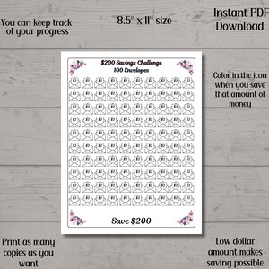 Floral 200 Dollar Savings Challenge Printable, 100 Envelope Savings ...