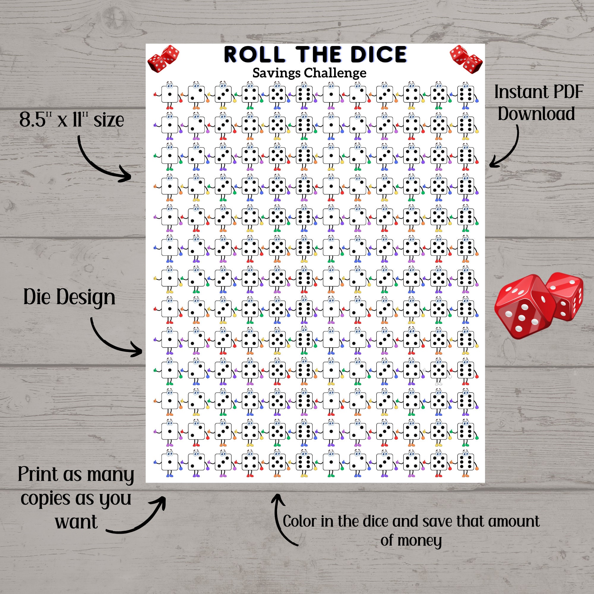 Printable Roll the Dice Savings Challenge Game, Money Savings Challenge ...