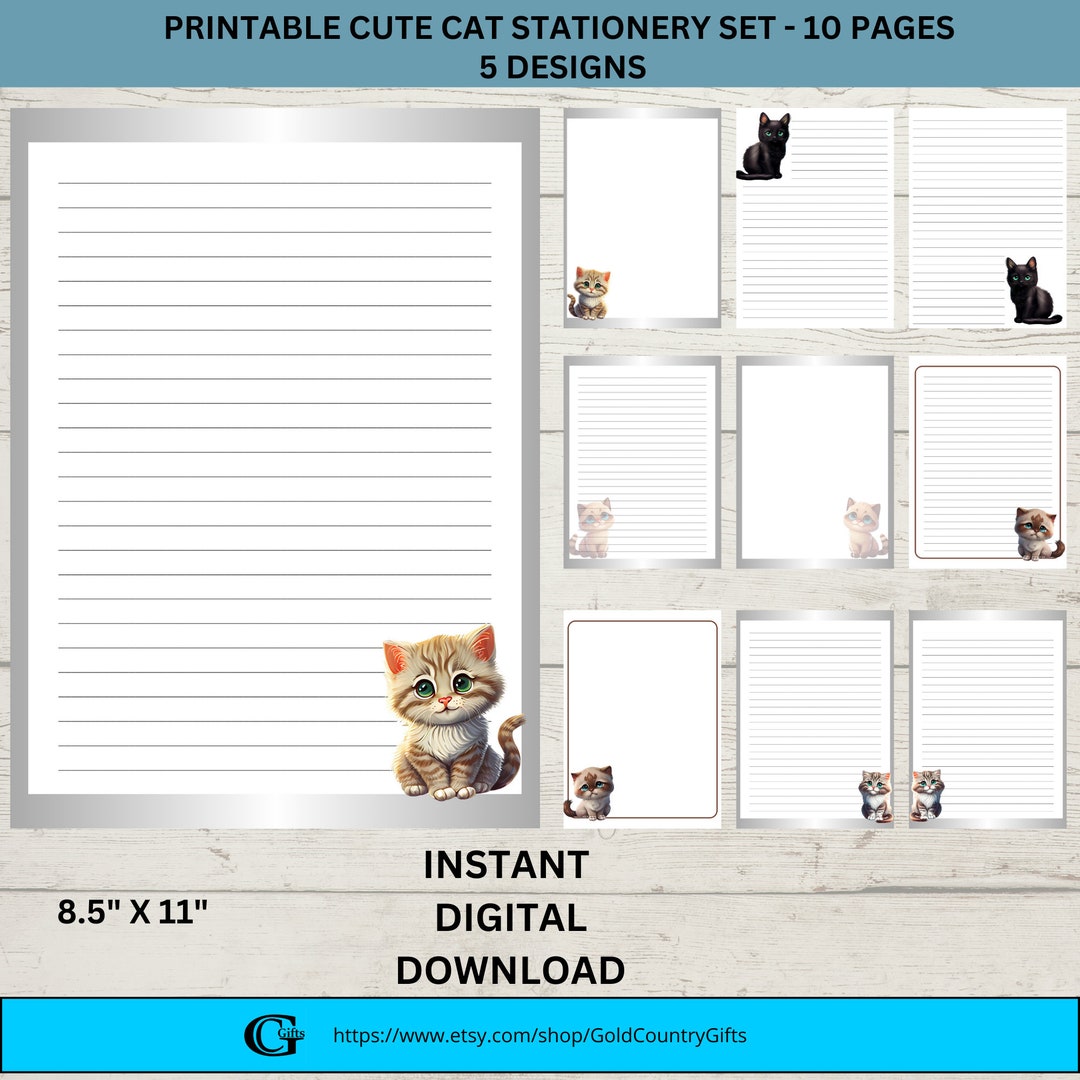 Cute Cat Stationery, Printable Cute Cat Stationery, Cute Cat Notepaper ...