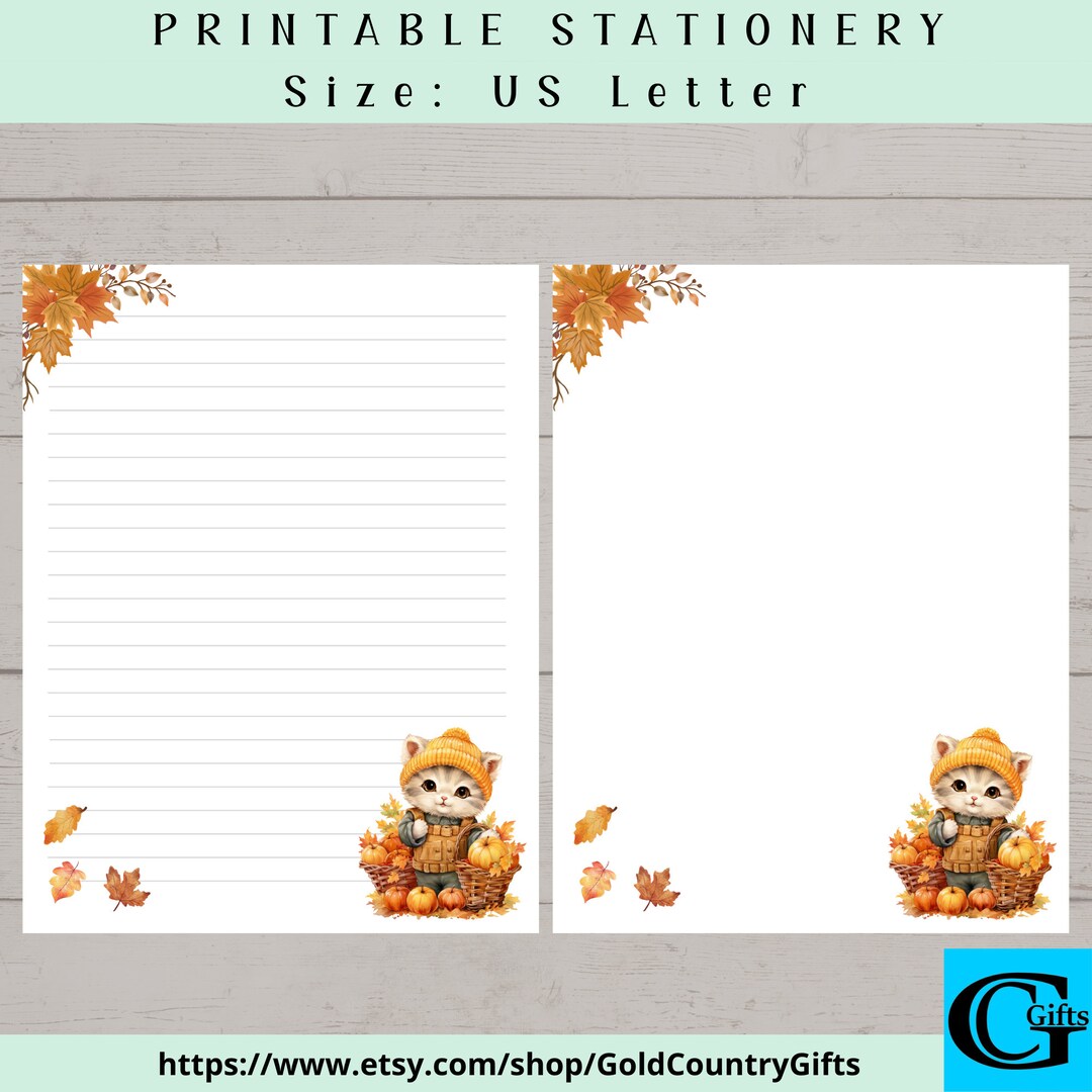 Printable Autumn Cat Stationery, Lined & Blank Paper (digital Download ...