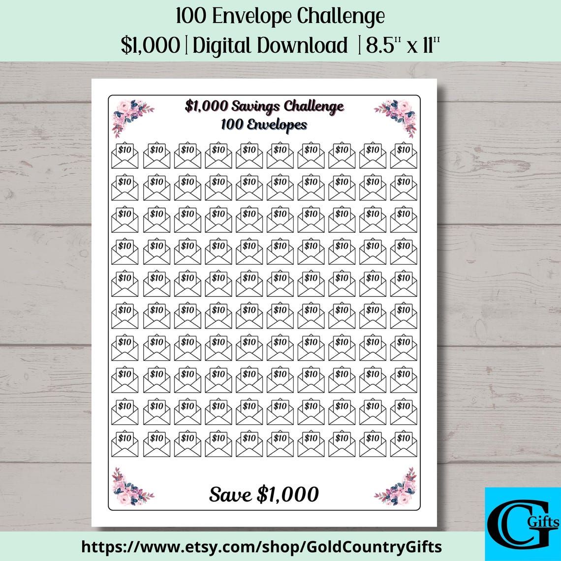 Floral 1K Dollar Savings Challenge Printable, 100 Envelope Savings ...